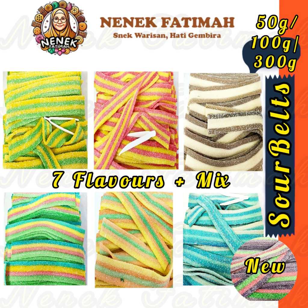 50g-300g Sour Belt Soft & Chewy Sour Candy 7 Flavours/ Gula Kenyal ...