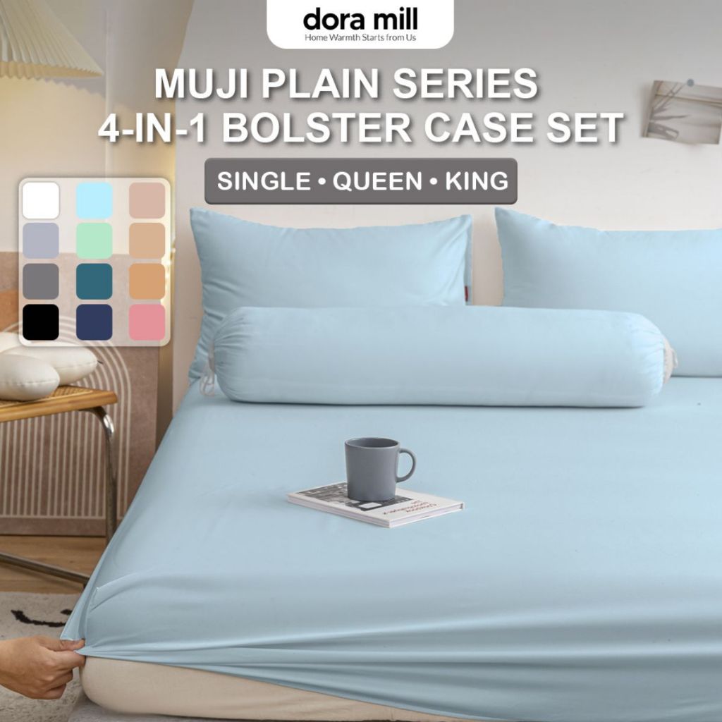 DORAMILL Muji Plain Series 4in1 Bolster Bedsheet Set Cadar Getah ...