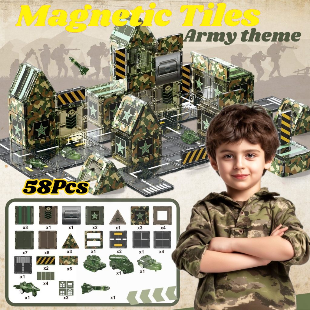 58pcs Army Magnetic Tiles Magnetic Blocks Military Building Blocks For ...