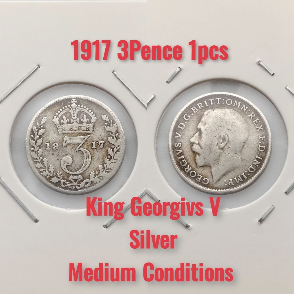 3Pence Silver Coins 1917 UK Britain King Georgivs V Duit Syiling Lama ...