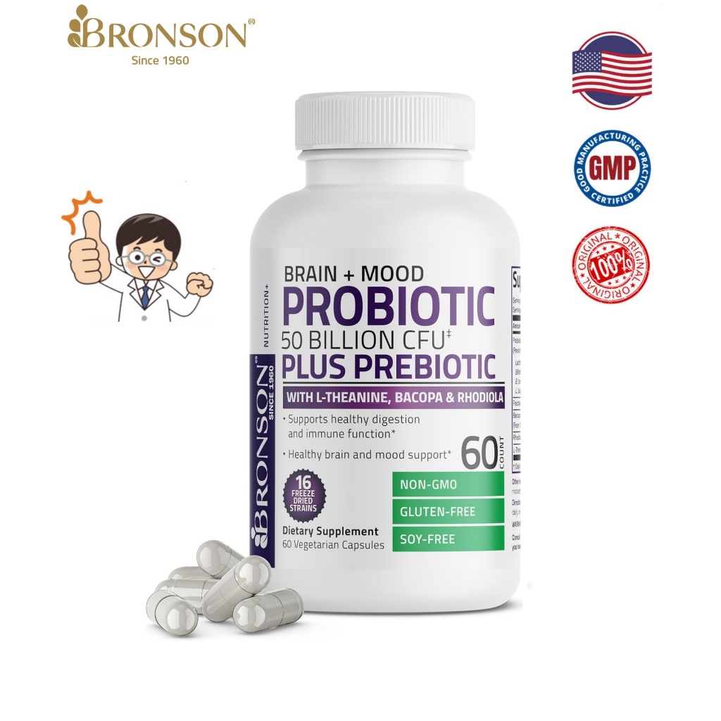 Bronson Brain + Mood Probiotic (50 Billion CFU Prebiotics + L-Theanine ...