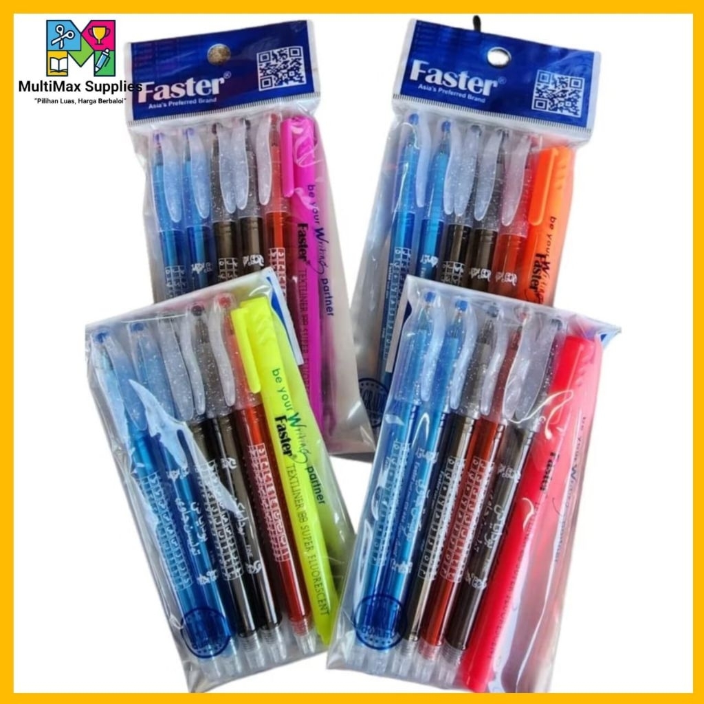 Value Set Faster Ball Pen CX444 5 PCS In Pack Free Highlighter | Jawi ...