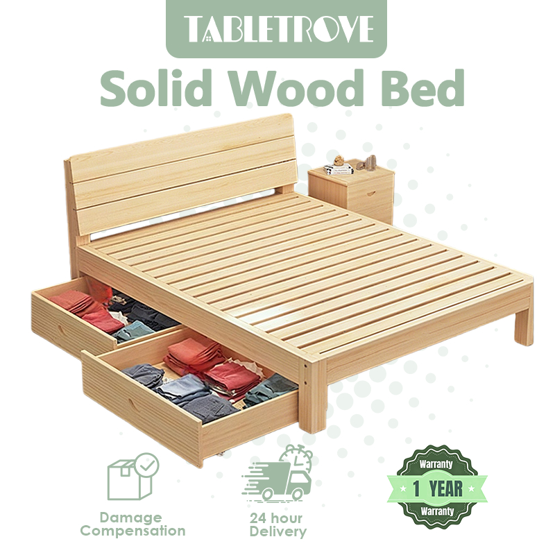 TABLETROVE Katil Queen Solid Wood Bed Frame With Headboard & Drawers ...