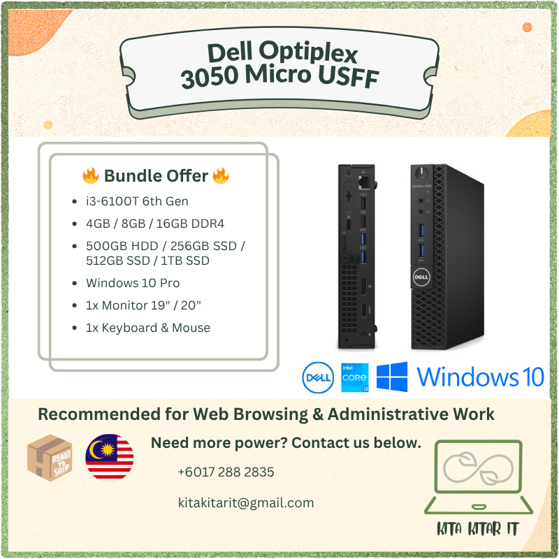 Dell Optiplex 3050 MT Micro USFF Monitor Bundle - i3-6100T 6th Gen ...