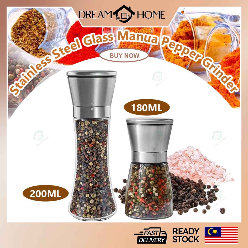 【180/200ML】Pepper Grinder Stainless Steel Glass Manual Salt Spice Mill ...