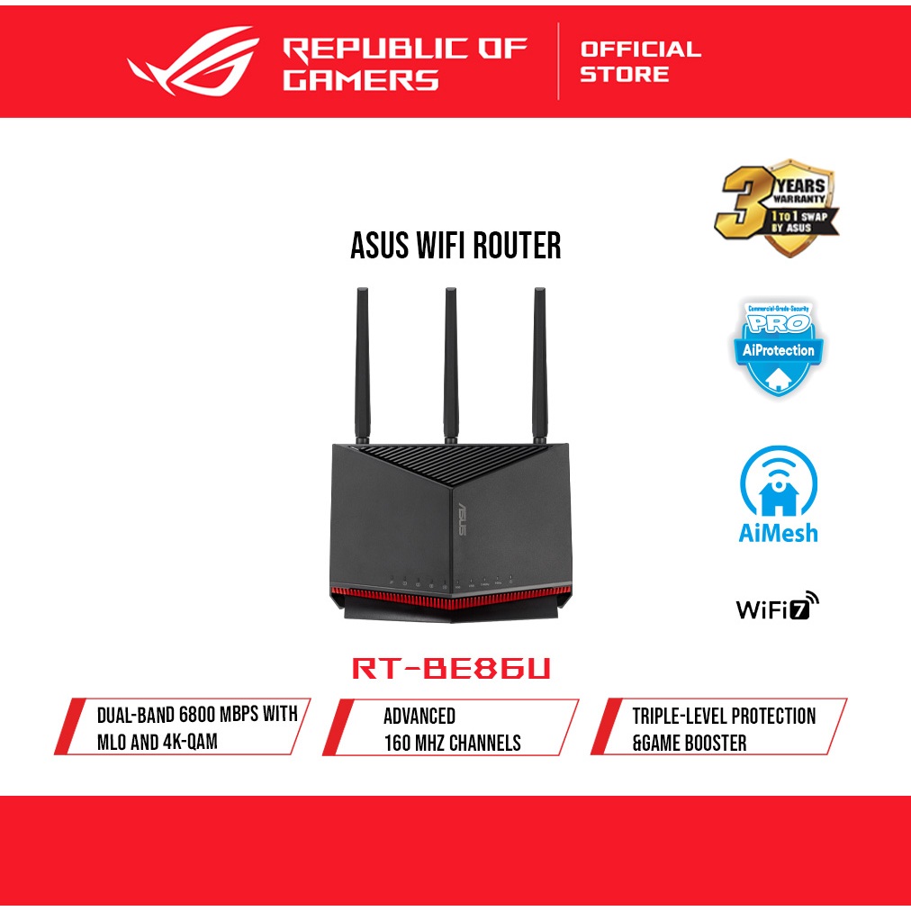 ASUS RT-BE86U BE6800 Dual-band WiFi 7 Router, supports 4096-QAM, Multi ...