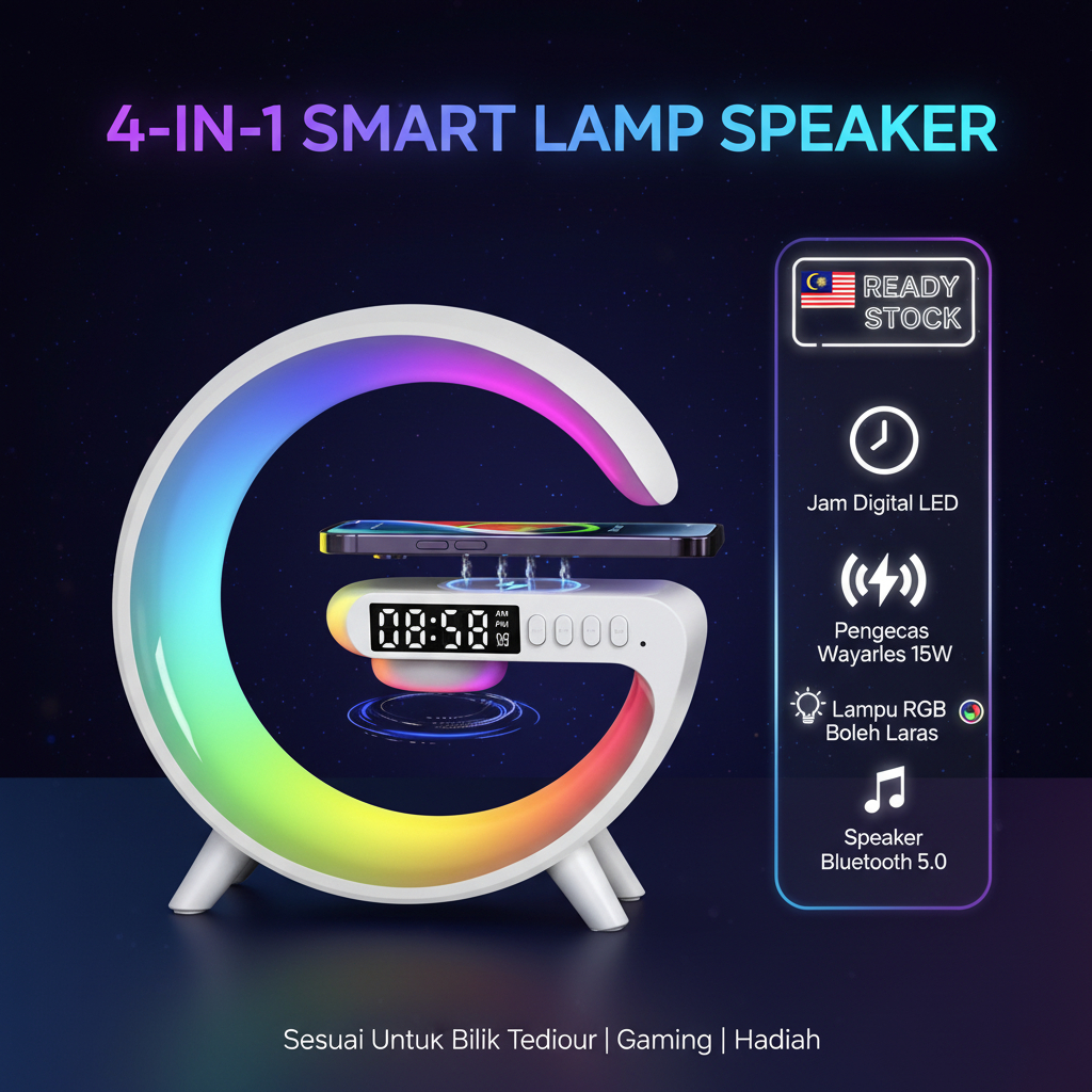 4 in 1 Smart Lamp Speaker Bluetooth Wireless Charger RGB Light Jam ...