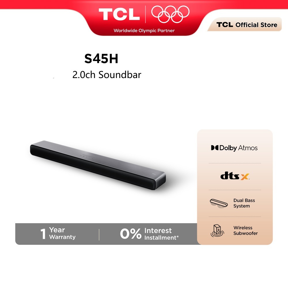 TCL S45H 2.0ch Dolby Atmos All-in-One Deep Bass Soundbar, Dual Bass ...