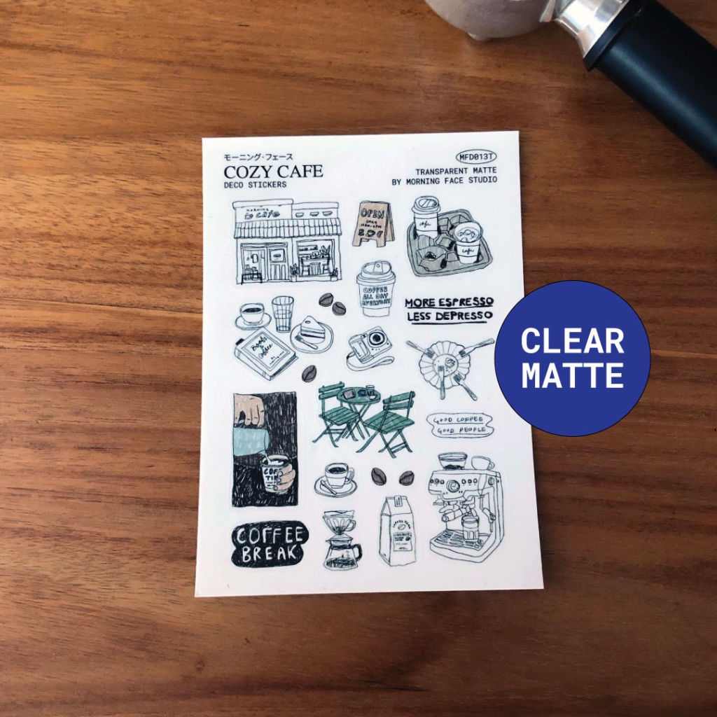 Cozy Cafe Sticker Sheet (Clear Matte Waterproof Sticker, Morning Face ...