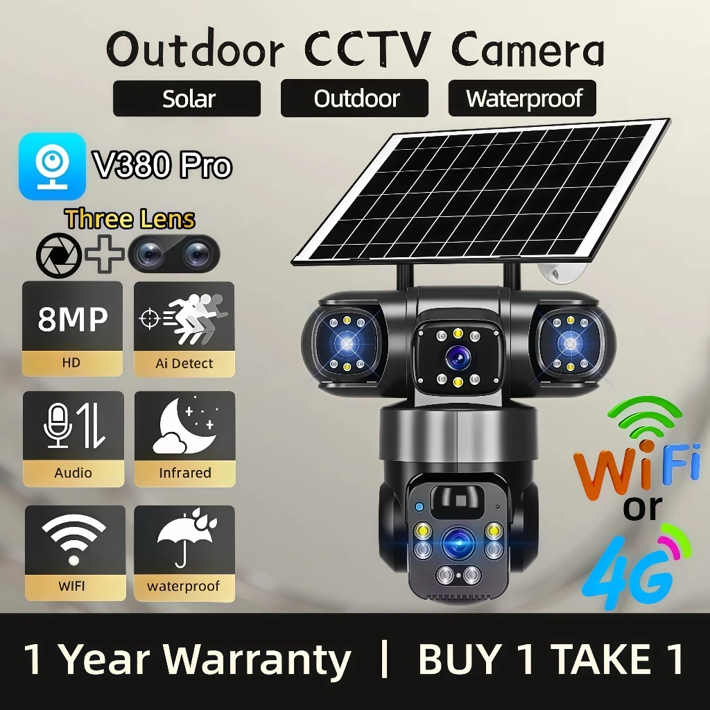 V380 Pro Three Lens Solar CCTV Camera Outdoor 25MP 4K HD 4G Sim No WIFI ...