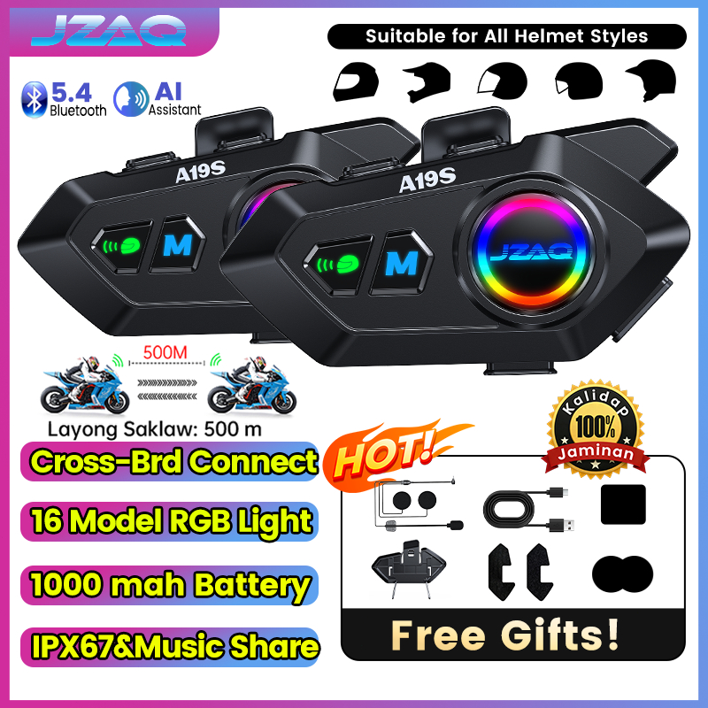 (🔥MY Stock🔥)JZAQ A19S Motorcycle Bluetooth Intercom 1000mah battery Rbg ...