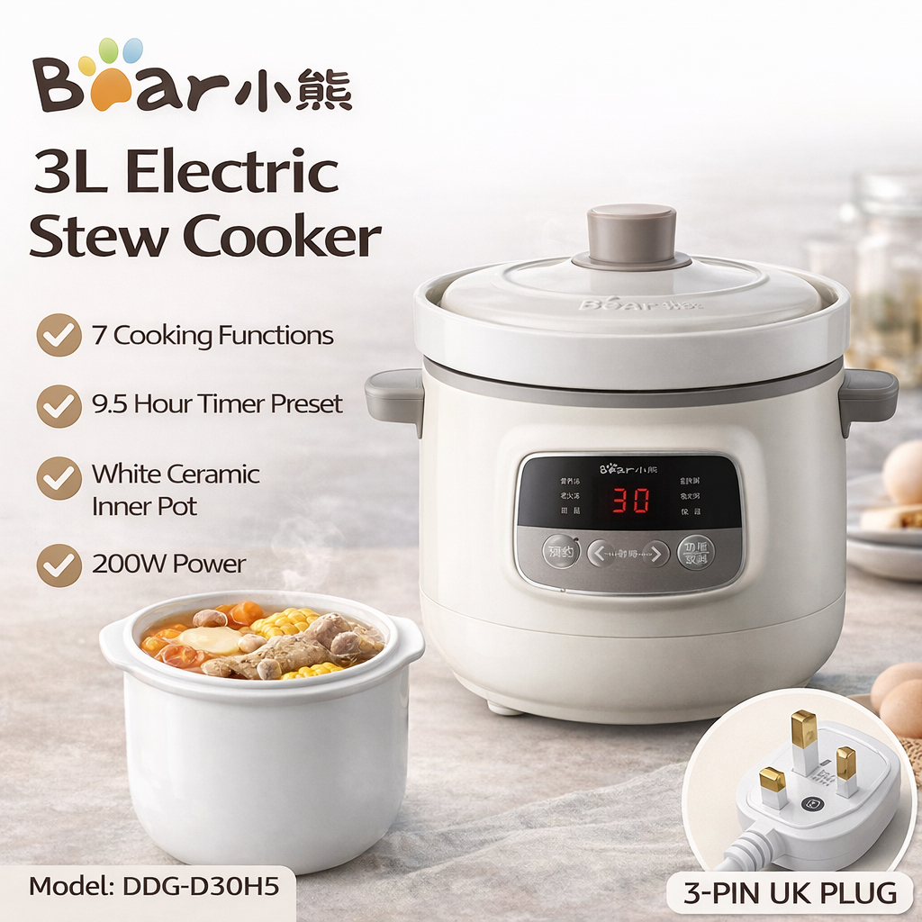 Bear DDG-D30H5 3L Electric Stew Pot, White Ceramic Inner, 7 Menu ...
