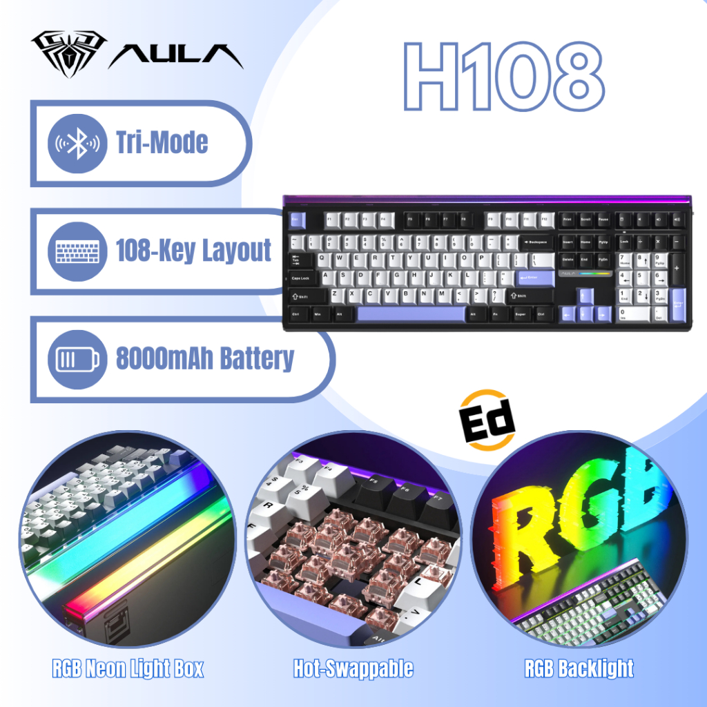 AULA H108 Tri-Mode Wireless Gaming Keyboard Full Key Layout RGB Hot ...