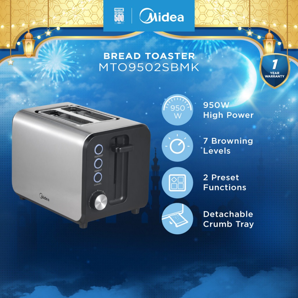 Midea MTO9502SBMK Bread Toaster With 2 Preset Functions & 7 Browning ...