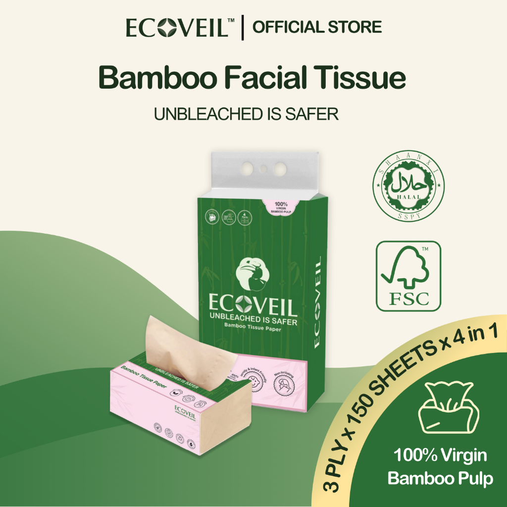 ECOVEIL (Halal) Unbleached Bamboo Facial Tissue Paper Soft Pack 3-Ply ...