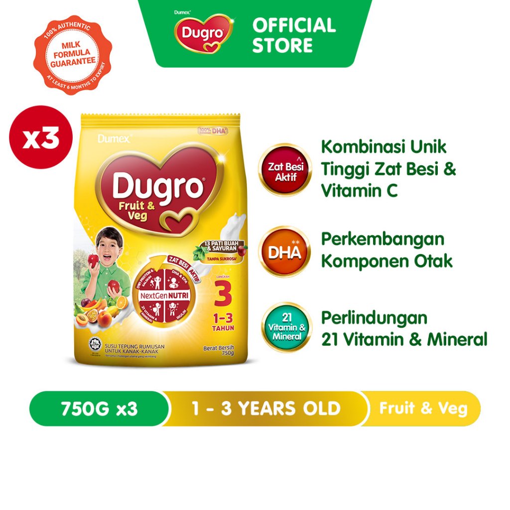 Dumex Dugro Step 3 Fruit & Veg Growing Up Milk Formula 1-3 years (750g x 3) (Susu, Milk Powder ...