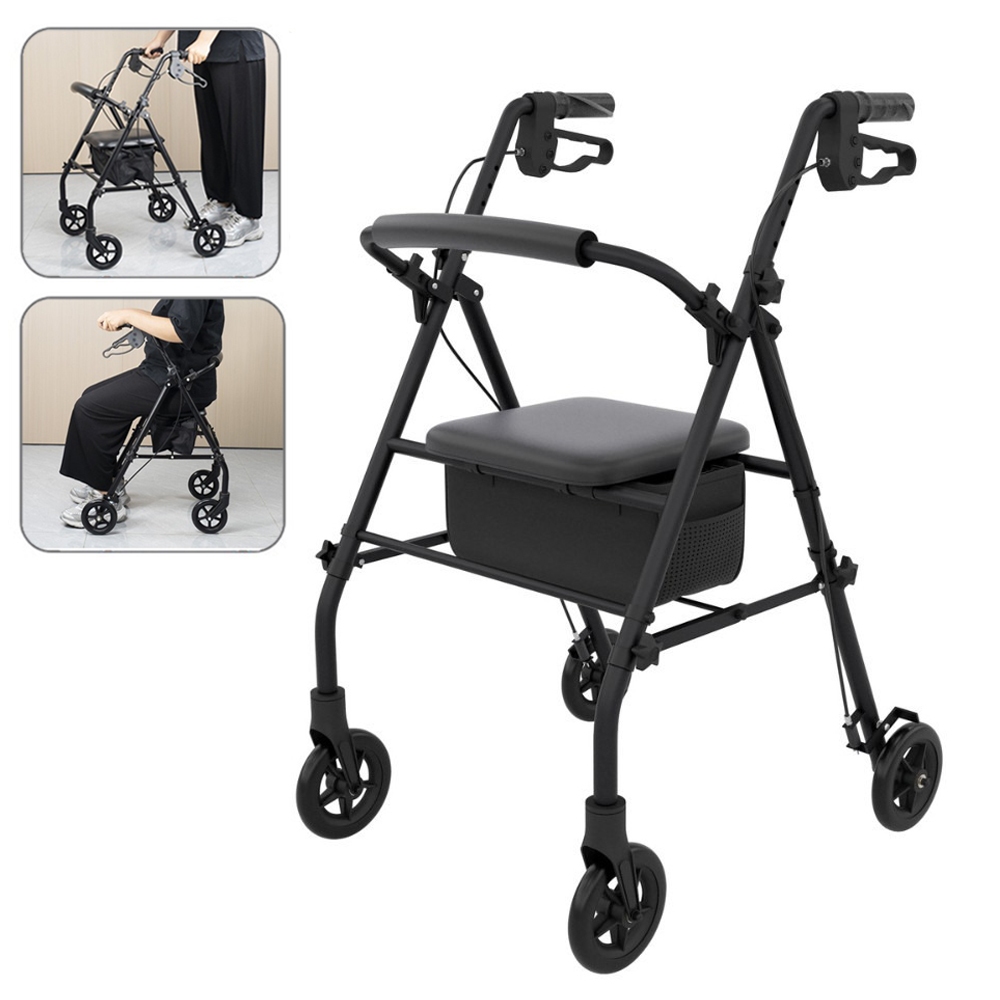4 Wheel Rollator Walker With Seat, Folding Rolling Walker, Height ...