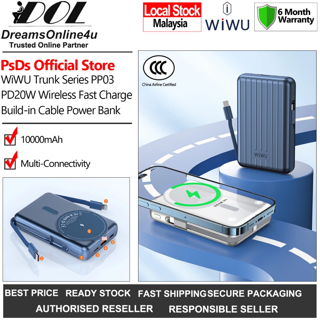 WiWU PP03 CCC FDA CE 10000mAh PD20W Build-in Cable Wireless Magnetic ...