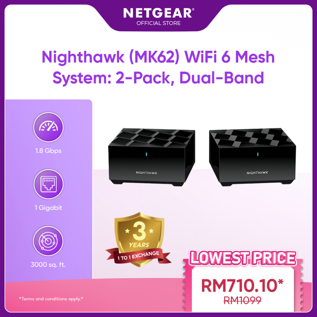 NETGEAR Nighthawk Whole Home Mesh WiFi 6 System MK62 - AX1800 Router ...