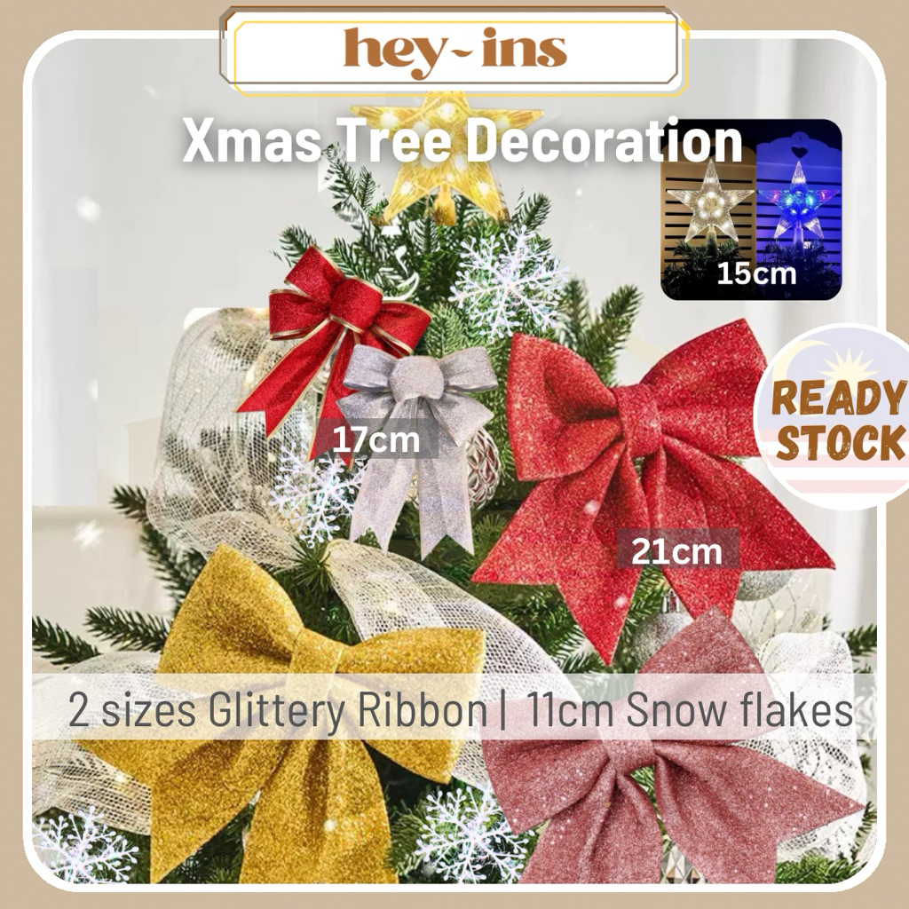 Christmas Tree Topper Blinking Star Big Ribbons Snowflakes Glittery ...