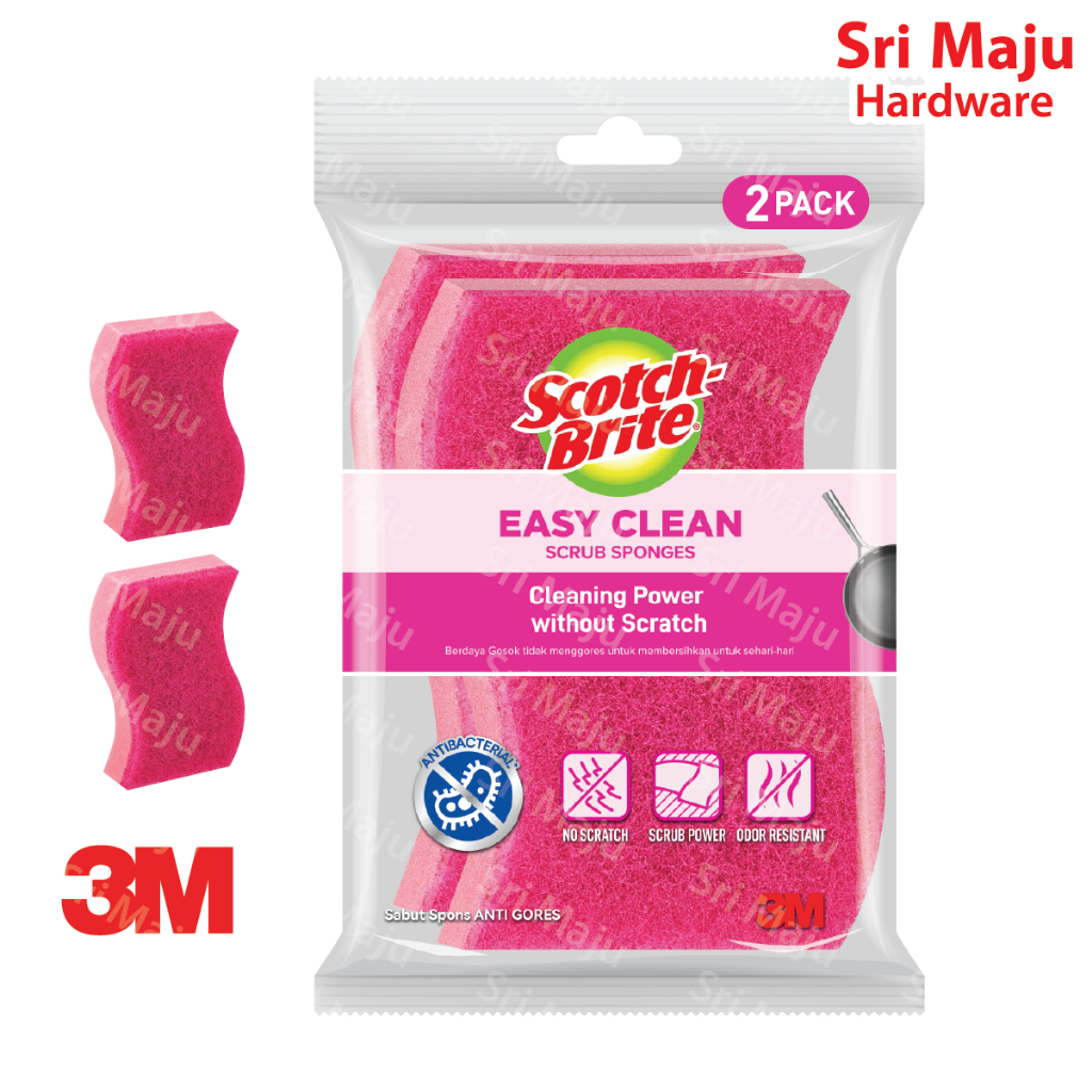 MAJU 3M Scotch Brite Easy Clean (2’s) Non Scratch Scrub Sponge Glass ...