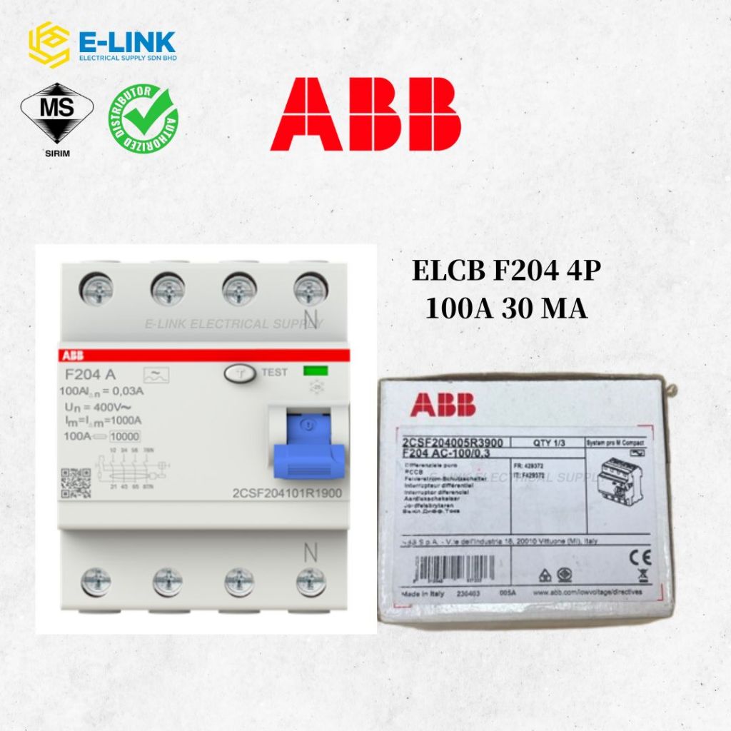 ABB ELCB RCCB 4P 40A / 100A 30mA / 100mA / 300mA (F204 / FH204 ...
