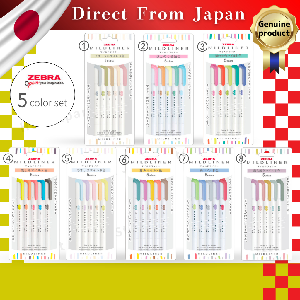 ZEBRA Mildliner 5-Color Set – 8 Variants: Natural, Fluorescent, Bright ...