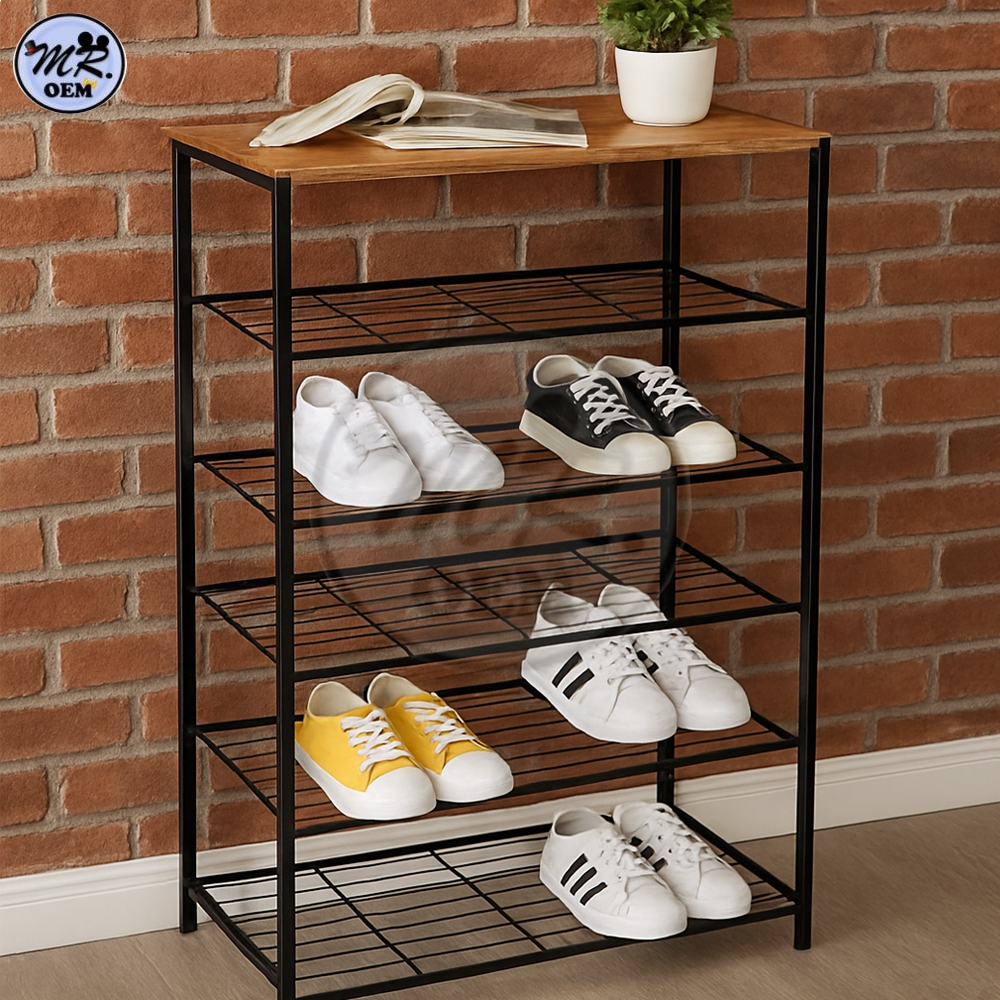 MR OEM Modern 5 Tier Shoe Rack Premium Wood Top Display Rack Metal ...