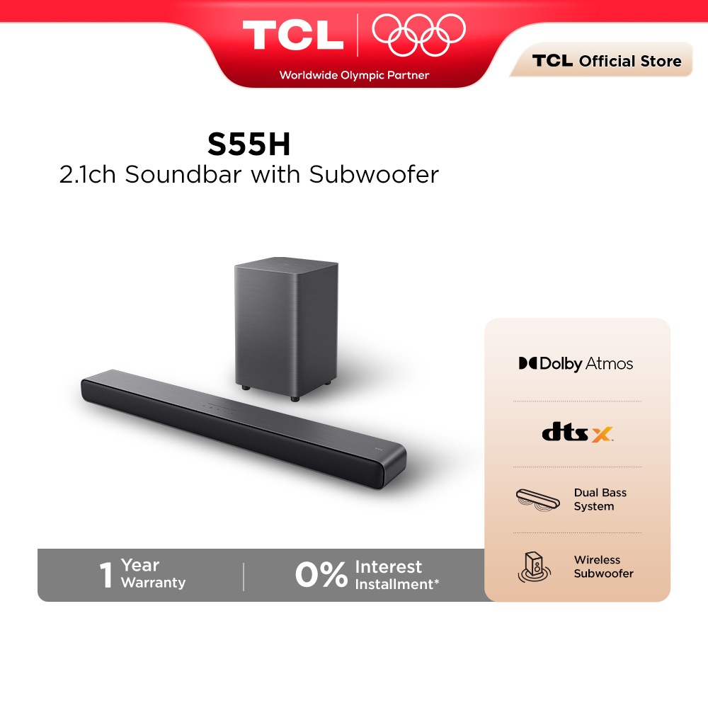 TCL S55H 2.1ch Dolby Atmos Super Bass Soundbar, Dual Bass System ...