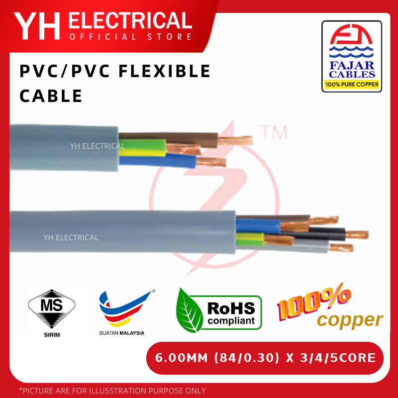 FAJAR 6.0mm² (84/0.30) x 3 /4/ 5 Core Flexible Cord Cables 100% Pure ...