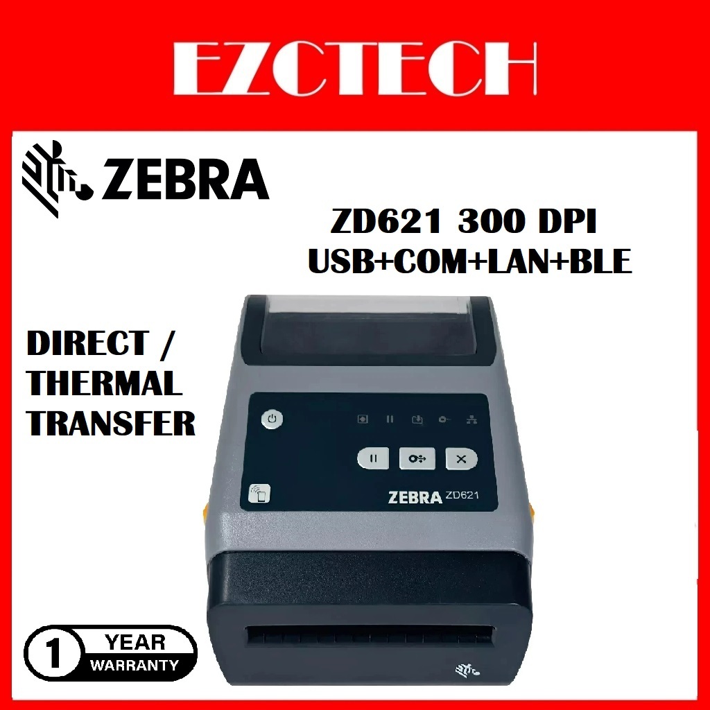 Zebra ZD621 300 Dpi USB+COM+LAN Barcode Label Printer THERMAL TARANSFER ...
