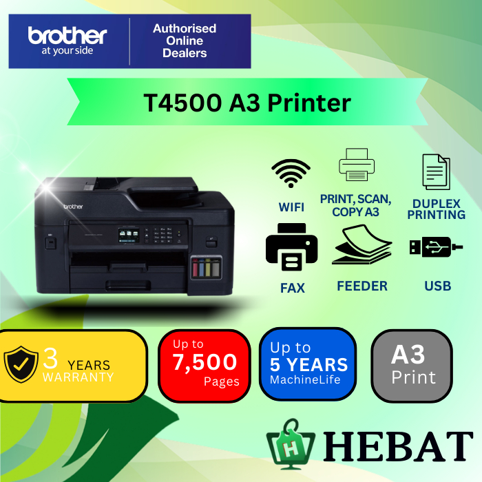 Brother T4500DW A3 Duplex Feeder Wifi Inkjet Refill Ink Tank Printer ...