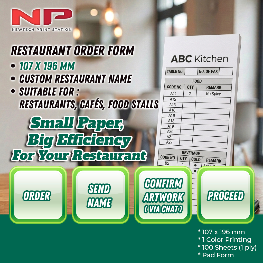 107mm x 196mm Custom Order Chit / Restaurant Order Form / Kertas Menu ...