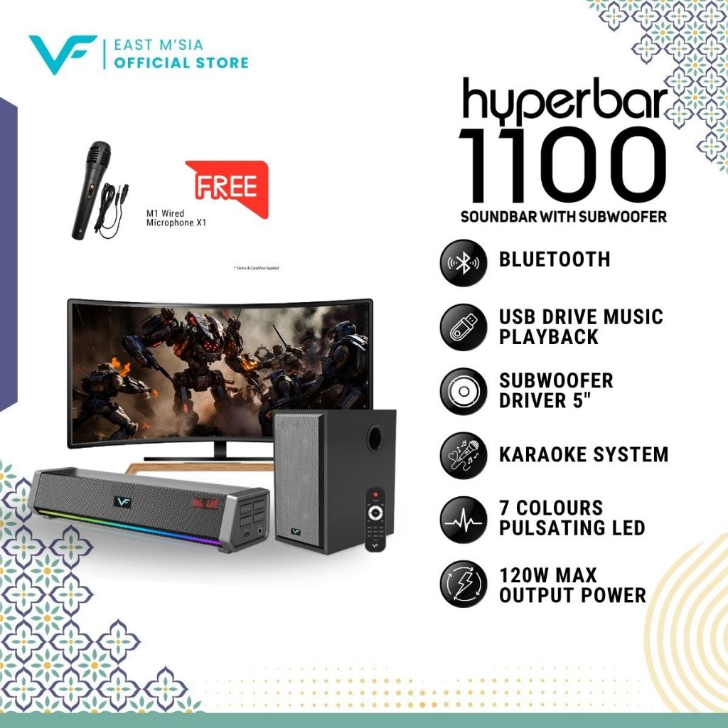 Vinnfier VF Hyperbar 1100 Bluetooth Gaming Soundbar Subwoofer Bass ...