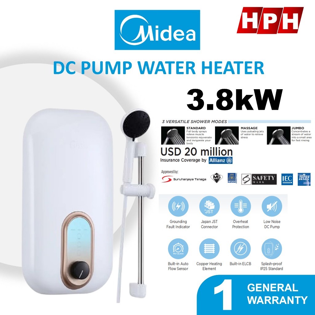 Midea Water Heater (3.6kW/4.5kW) MWH-38Q / MWH-38U3-SL / MWH-4501MMBPMY ...