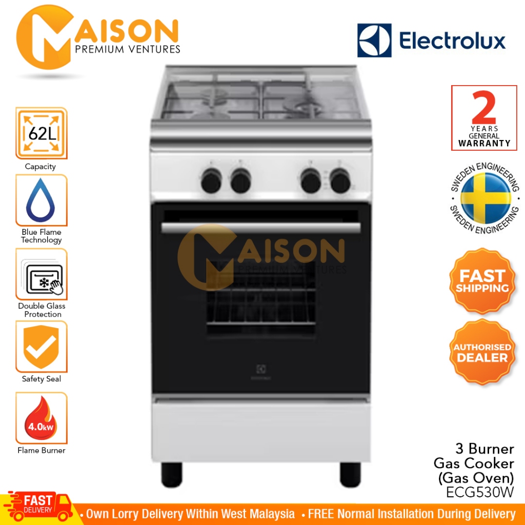 Electrolux Gas Cooker 3 Burners Gas-Oven ECG530W | Shopee Malaysia