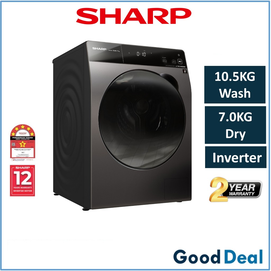 Sharp ESDK1054PMS 10.5KG Wash / 7KG Dry Inverter Front Load Washer ...