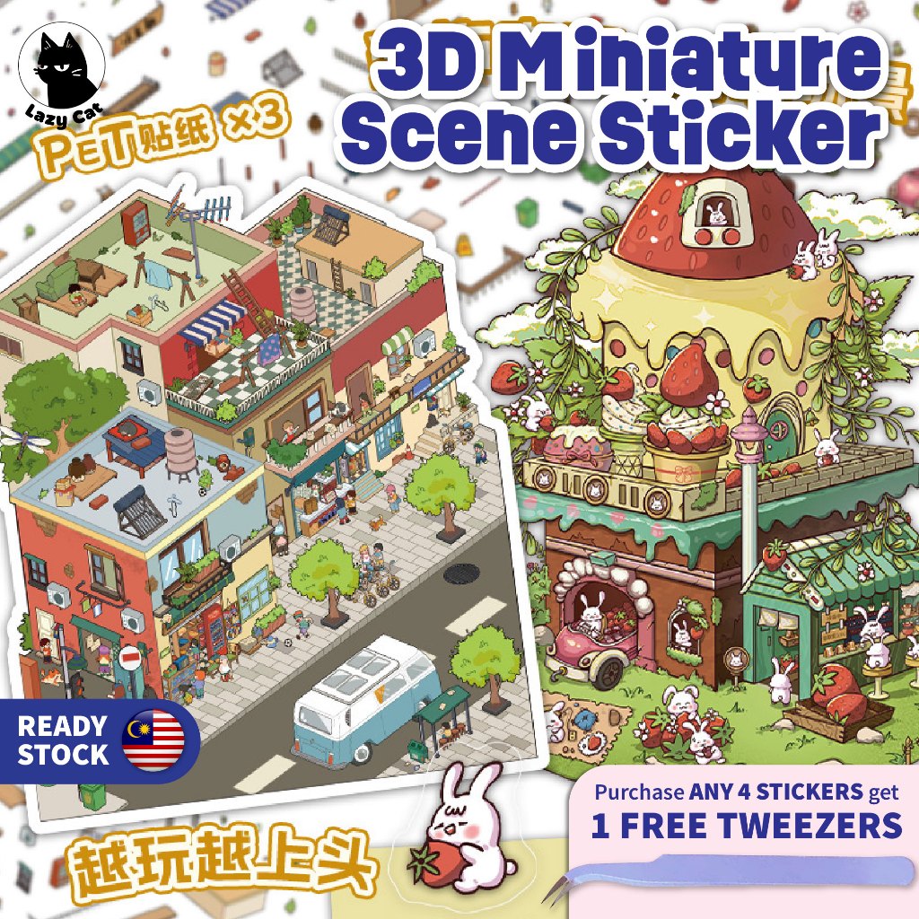 Lazy Cat 3D Miniature Scenes Sticker DIY Cute Cartoon Journal Korean ...