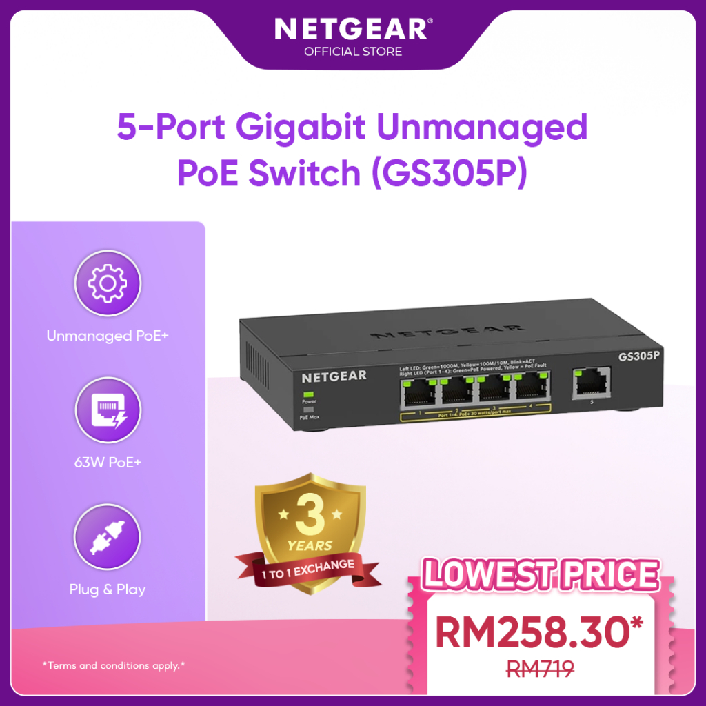 Netgear 5-Port Gigabit Ethernet Unmanaged PoE Switch (GS305P) - with 4 ...