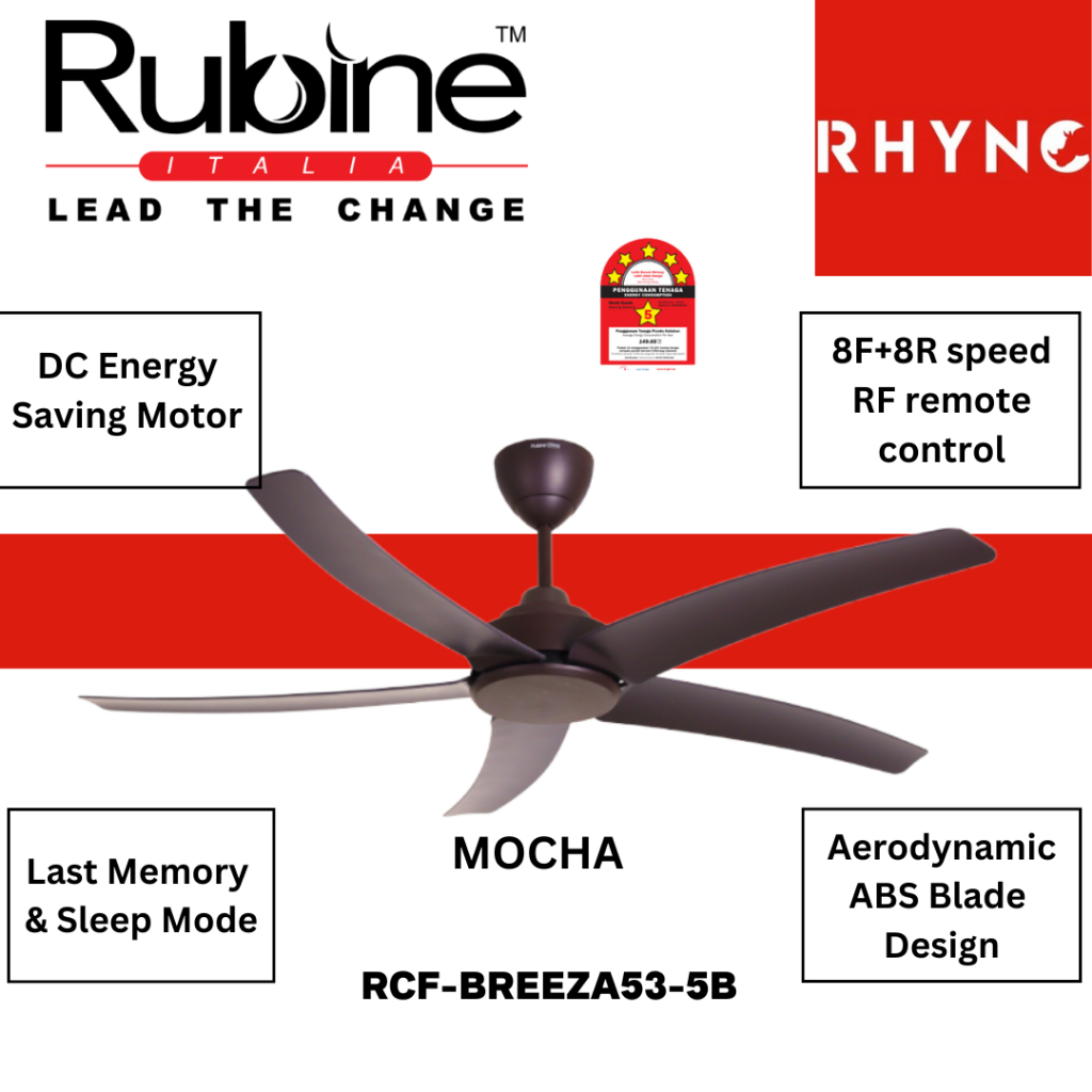 Rubine 53" DC Motor 5 Blade Ceiling Fan RCF-BREEZA53-5B / 8F+8R Speed ...
