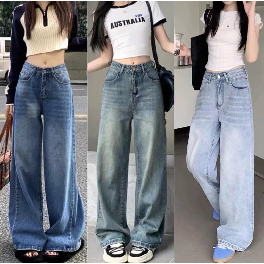Seluar Jeans Wanita Long Palazzo Kain Bergetah Straight Cut Jeans ...