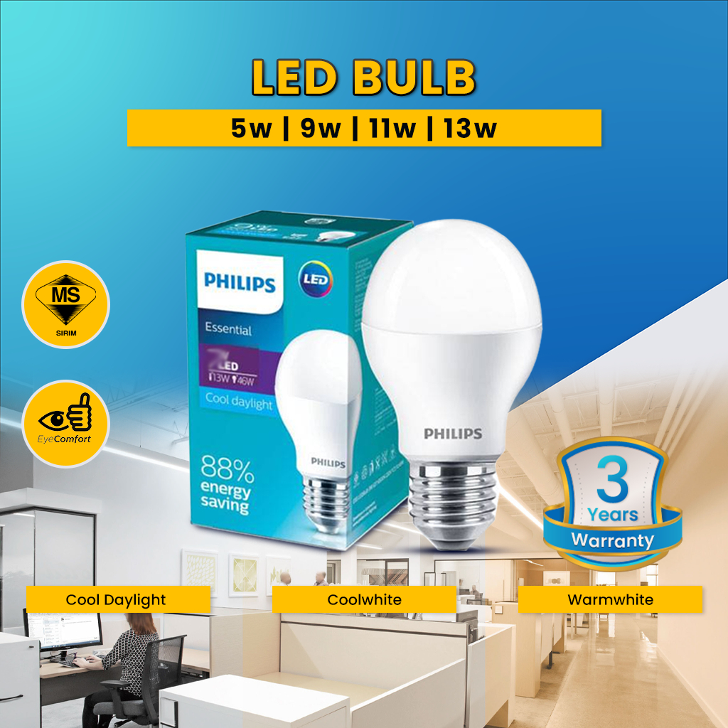 🔥PHILIPS🔥5w/9w/11w/13w Essential E27 LED Bulb Mentol Lampu LED Mentol ...