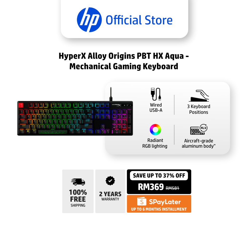 HyperX Alloy Origins PBT HX Aqua - Mechanical Gaming Keyboard / Radiant ...