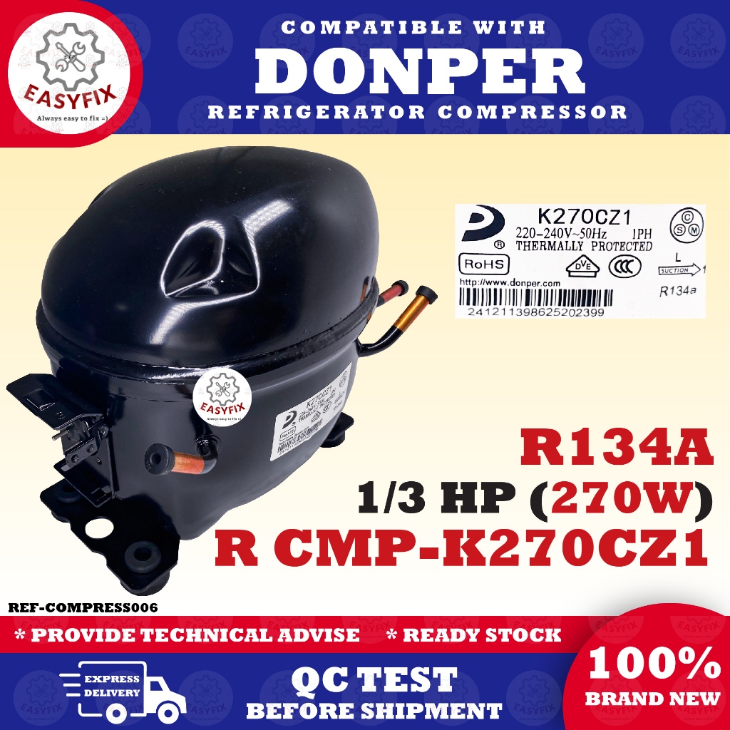 270W 1/3HP R CMP-K270CZ1 DONPER REFRIGERATOR COMPRESSOR R134A PETI ...