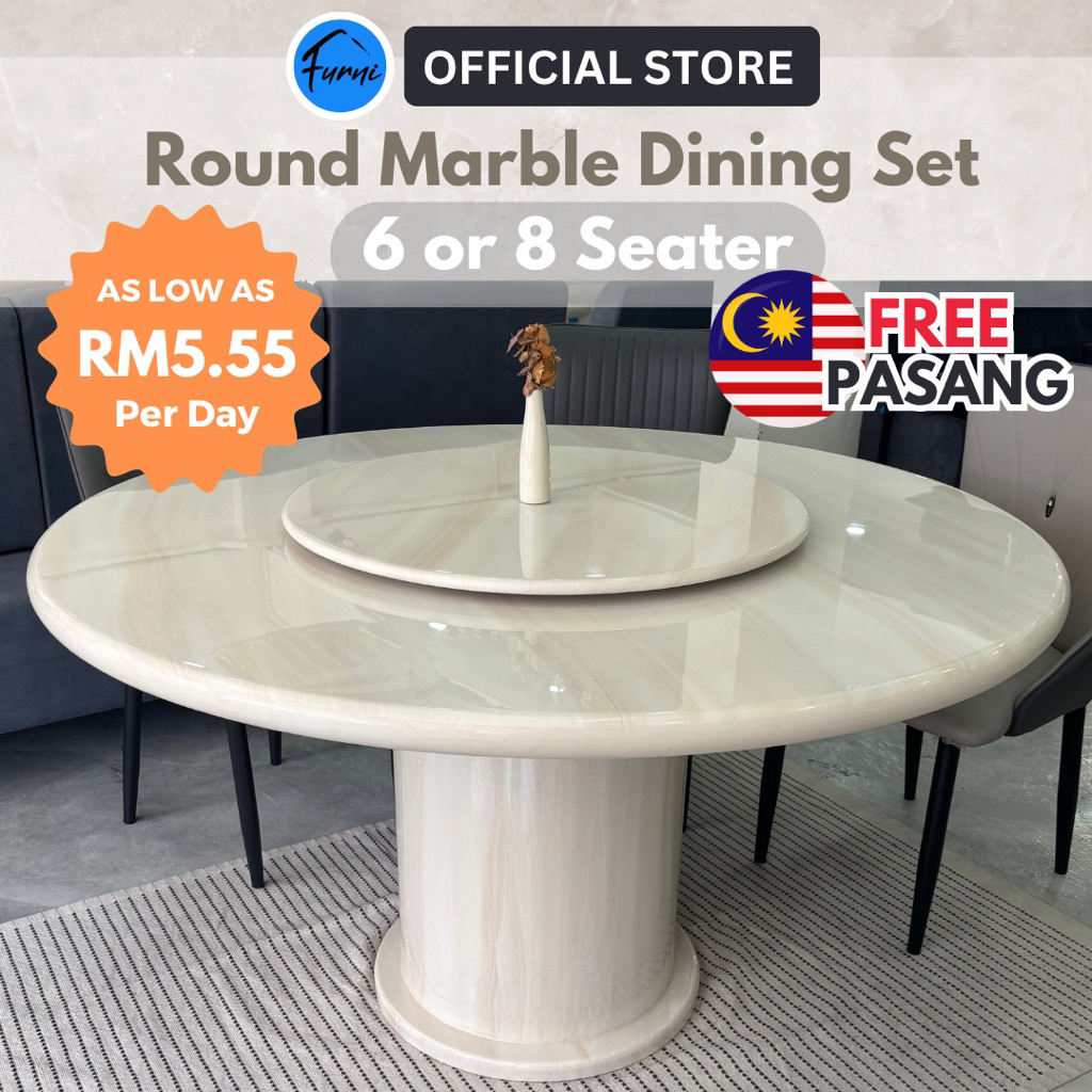 5ft Round Marble Dining Set Meja Makan Berkualiti 8 Kerusi 4.5ft Marble ...