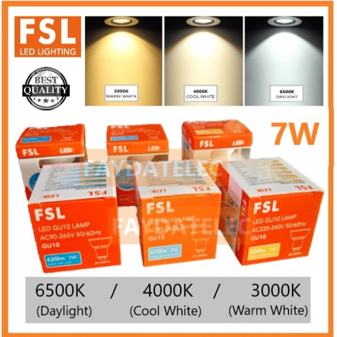 FSL GU10 7W LED BULB (3000K Warm White/4000K Cool White/6500K Daylight ...
