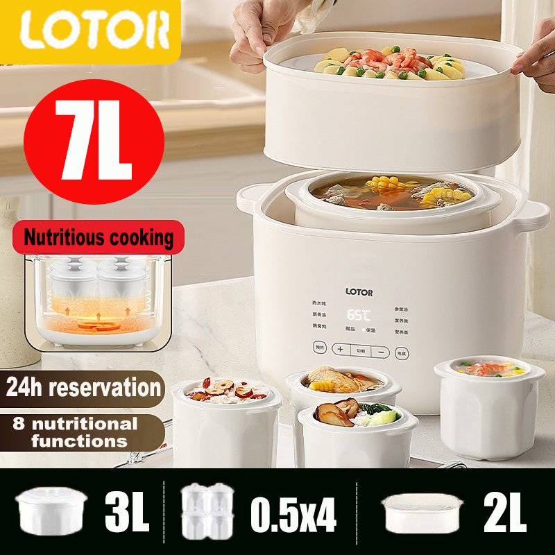 7L Porcelain Slow Cooker Electric Stew Pot Water Bath Heating Multi ...