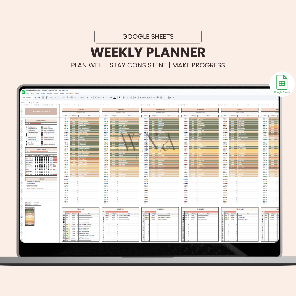 Weekly Planner | Google Sheets Template | Minimalist Productivity ...