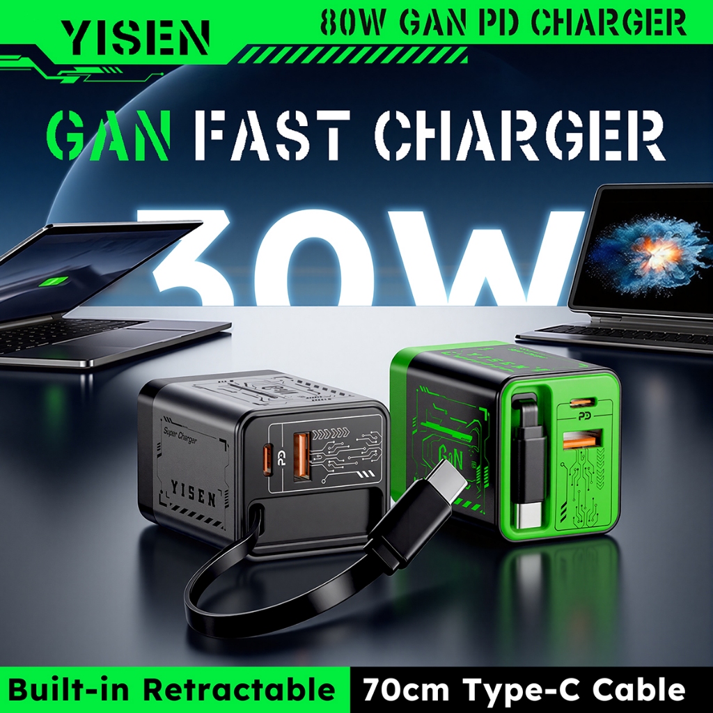 Maxwear YS-U5 80W Fast Charger Built-in Telescopic Cable PD20W Multi ...