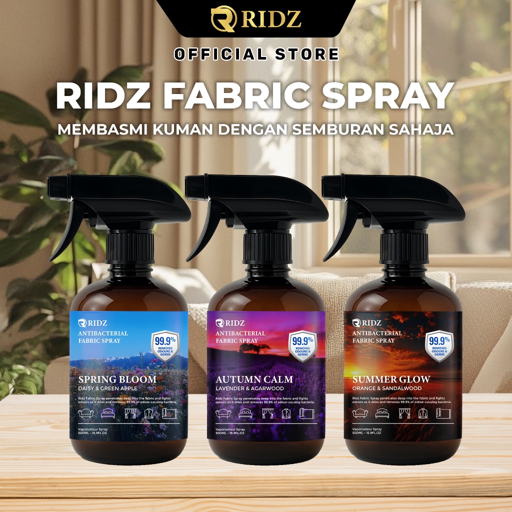 Ridz Fabric Spray Antibacterial 500ML - 99.9% Hapuskan Kuman Mewangikan ...